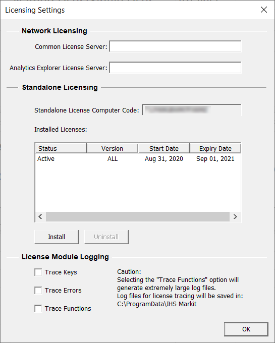 Licensing Settings dialog box