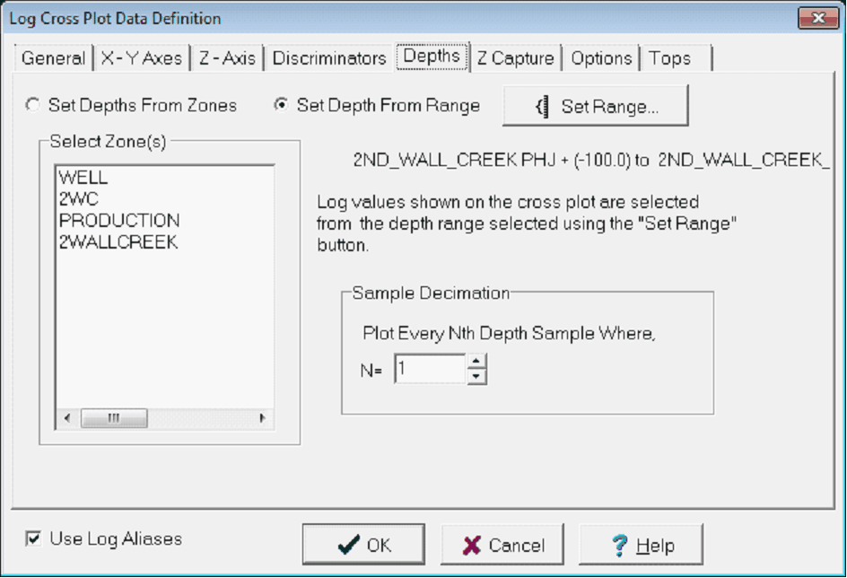 Log Crossplot Data Depths tab