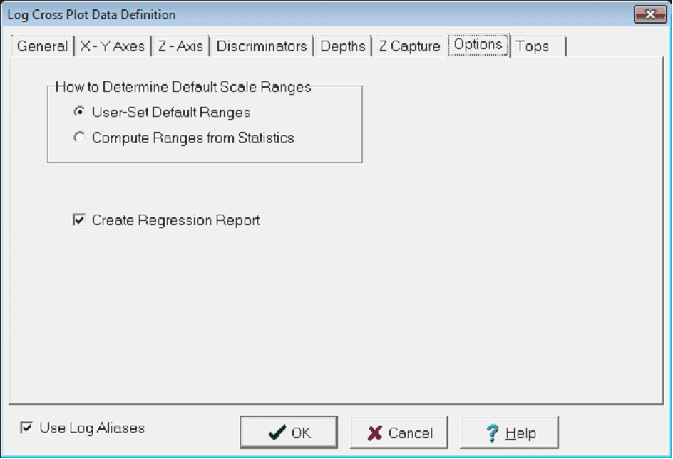 Log Crossplot Data Options tab