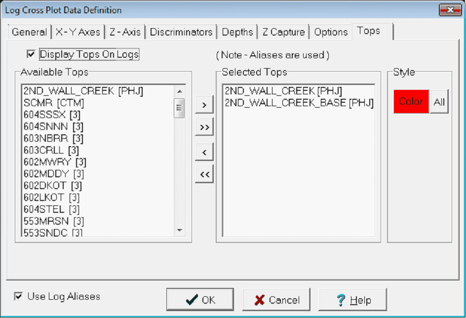 Log Crossplot Data Tops tab